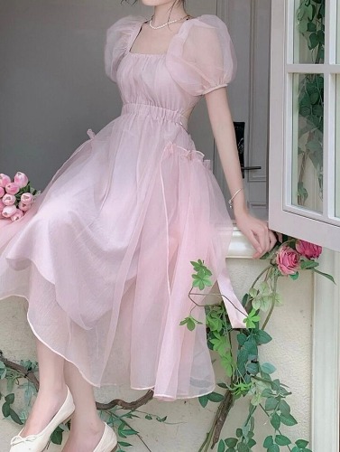 바이리브 핑크 발레리나 백리본 스퀘어넥 벌룬 슬립 롱원피스 드레스 여름 여신룩 데이트룩 셀프웨딩 브라이덜샤워