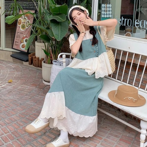 예거조아 여름신상투피스세트 반팔셔츠빈티지 조끼 데님a라인 롱치마 셋업 여름코디 펀칭 자수 레이스 투톤 배색 러블리 아메카지 빅사이즈 바캉스 피크닉 데이트 귀여운 원피스