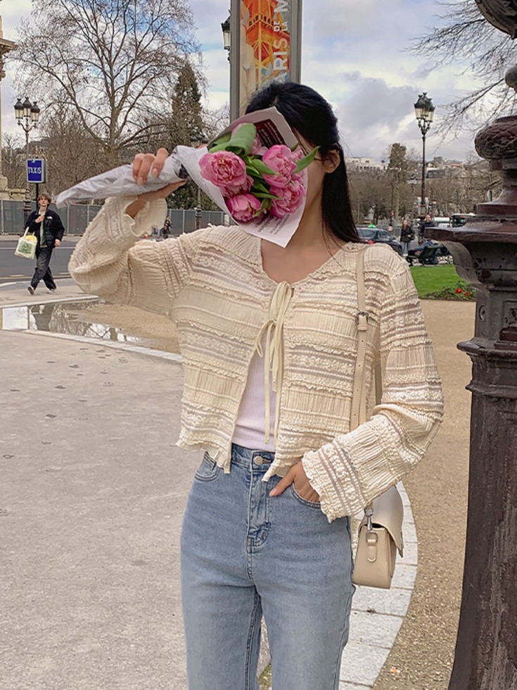 리리앤코 레이듄 레이스 세미크롭 스트랩 가디건 신상 아우터 코디 코디 레이스가디건 스판가디건 신축성 리본 여리한 페미닌 러블리 크롭 꽃놀이룩 리본여밈 오픈가디건 빅사이즈 추천