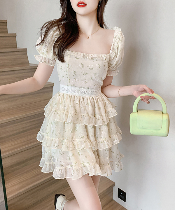 포앤바이앤 플라워 캉캉 미니드레스 스퀘어넥 벌룬 반팔 반소매 슬림핏 하이웨스트 허리강조 A라인 프릴 쉬폰 미니원피스 공주 러블리 사랑스러운 여친 데이트룩 생일 파티룩