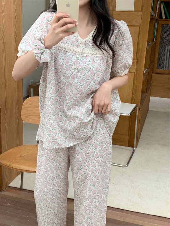 인더모닝 밀키플라워 키튼시리즈 시원한 반팔 여자 잠옷세트 원피스 파자마 홈웨어 2color