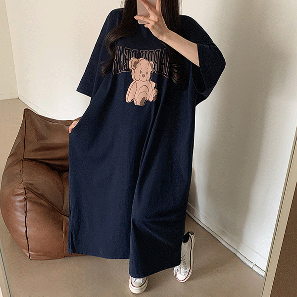 본지샵 [4XL,빅사이즈,박시핏,통통,77-88-99,홈웨어,잠옷,귀여운,곰돌이,운영자소장!,임부복] 챠밍 베어 오버핏 롱 원피스 - ops [무료배송]
