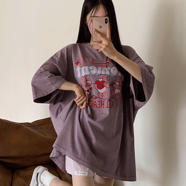 본지샵 [4XL,빅사이즈,오버핏,남녀공용,통통,77-88-99,귀여운,곰돌이,힙한,스트릿] 럽럽럽 베어 피그먼트 박시핏 반팔 티셔츠 - t [무료배송]