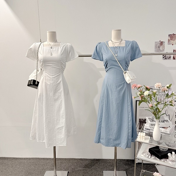 이프유마인 페미닌바캉스룩 여름 에버 바스락 스퀘어넥 셔링 프릴 벨트 허리끈 스트랩 레이어드 이너 무지 핀턱 A라인 플레어 머메이드 반팔 롱 원피스 3color