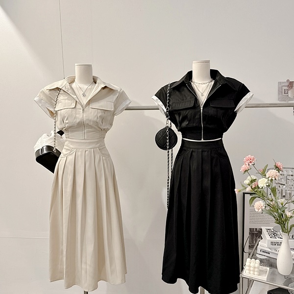 이프유마인 자켓스커트set페미닌 가을 걸리쉬 셔츠 카라 포켓 배색 크롭 반팔 아노락 야상 집업 자켓 밴딩 A라인 플레어 플리츠 머메이드 롱 스커트 투피스 세트