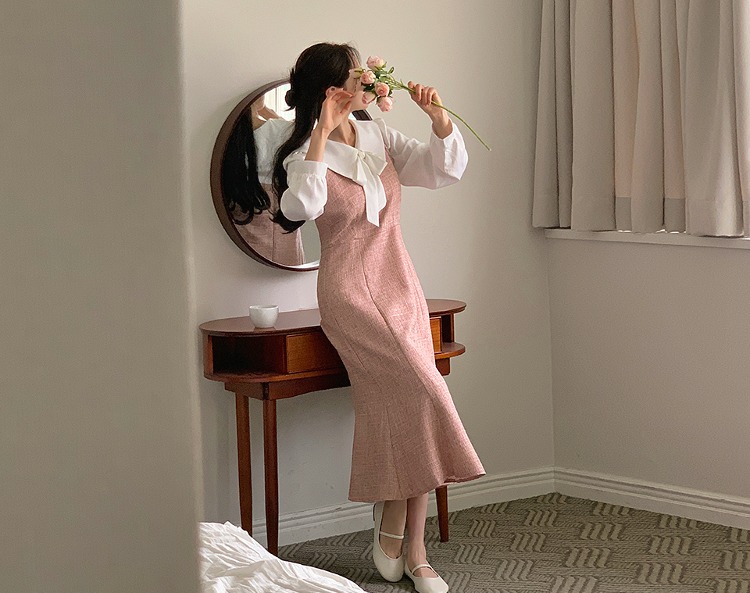 리리앤코 르에브린 트위드 뷔스티에 원피스 타이 블라우스 세트 신상 코디 옷 하객룩 하객원피스 롱원피스 머메이드원피스 체형커버 우아한 고급스러운 격식룩 페미닌 리본 트위드