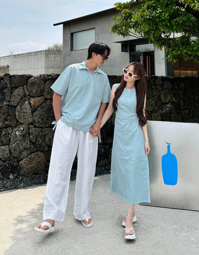 엄라이브 4컬러 뒷트임세트가능 나일론 쿨 소재 커플룩 시밀러룩 남녀공용 오버핏 반팔 셔츠 카라티 여자 롱 원피스 뒷트임 데이트 데일리 휴양지 커플티 여름 바다 제주도 여행