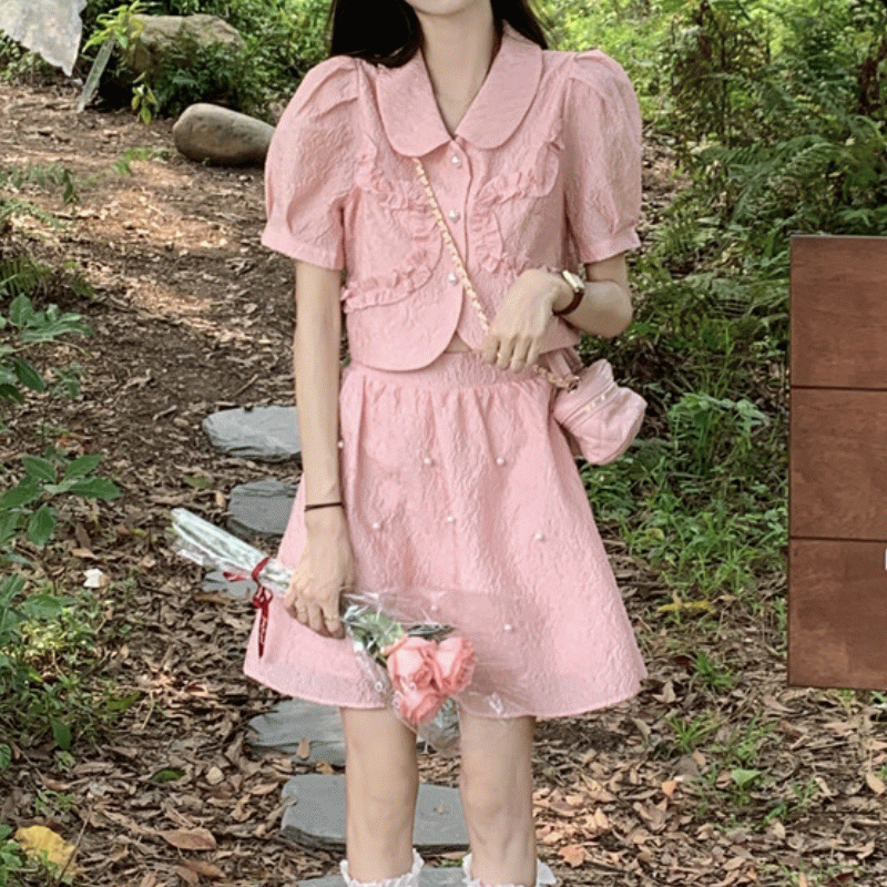 디어포텐 여름신상여름하객룩 핑크 카라 프릴 진주 퍼프 반팔 블라우스a라인 미니스커트 투피스 세트 셋업 결혼식 하객투피스