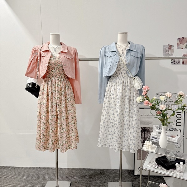 이프유마인 자켓원피스set페미닌 가을 봄빛 셔츠 카라 포켓 버튼 벌룬 퍼프 긴팔 크롭 숏 자켓 플라워 나염 밴딩 스모크 A라인 플레어 슬립 뷔스티에 나시 롱