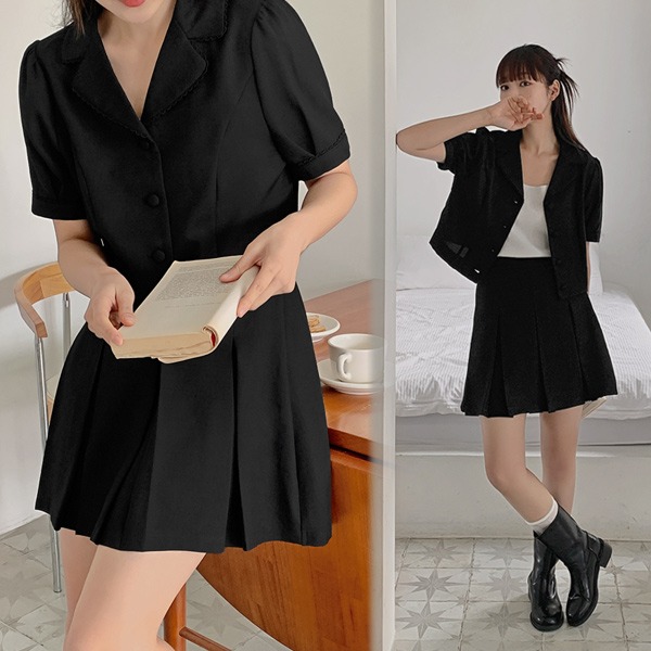 핫핑 Set 모델코디 할인구매 Made 블리안 카라넥 크롭 숄더퍼프 레이스 반팔 트위드자켓 Made 블리안 뒷밴딩 A라인 플리츠 트위드 미니스커트투피스셋업 여셋업