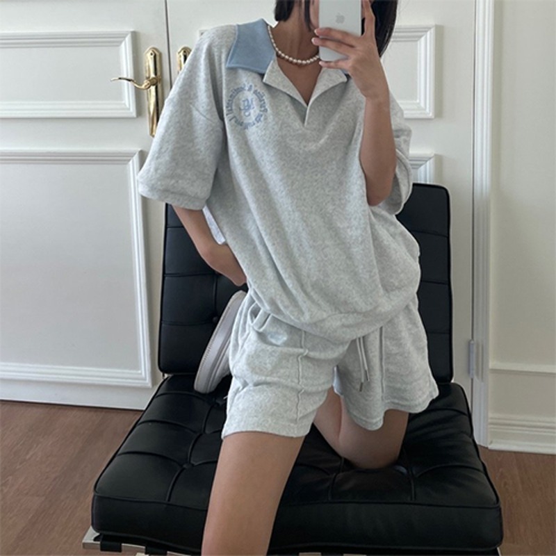 지음샵 테리맨투맨반바지set 루즈핏타올지데일리꾸안꾸캐쥬얼여름츄리닝트레이닝배색카라반팔스트링밴딩반바지세트투피스셋업3컬러