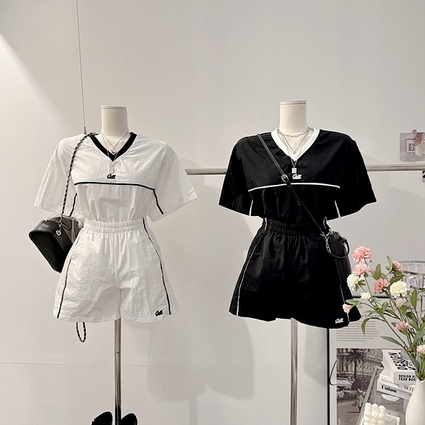 이프유마인 맨투맨반바지set꾸안꾸룩 여름 콜 자수 레터링 배색 브이넥 오버핏 스트링 크롭 반팔 아노락 바람막이 맨투맨 밴딩 반바지 숏팬츠 투피스 트레이닝 세트