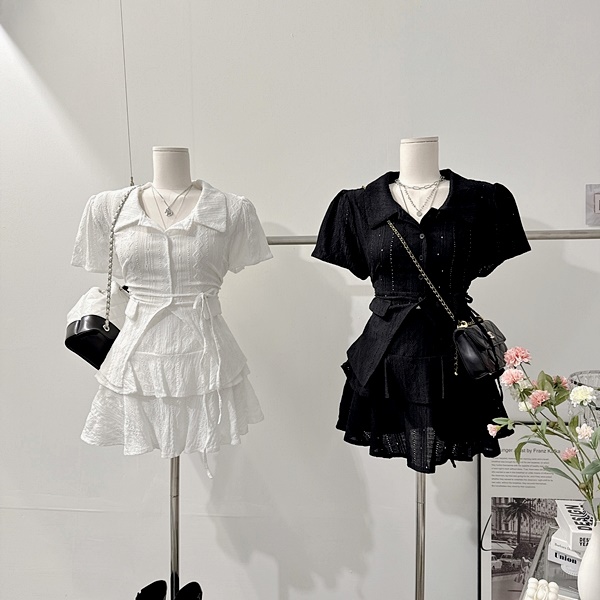 이프유마인 블라우스스커트set페미닌 여름 심쿵 리본 스트랩 레이스 펀칭 셔츠 카라 벌룬 퍼프 스트랩 반팔 블라우스 A라인 플레어 셔링 프릴 캉캉 미니 스커트