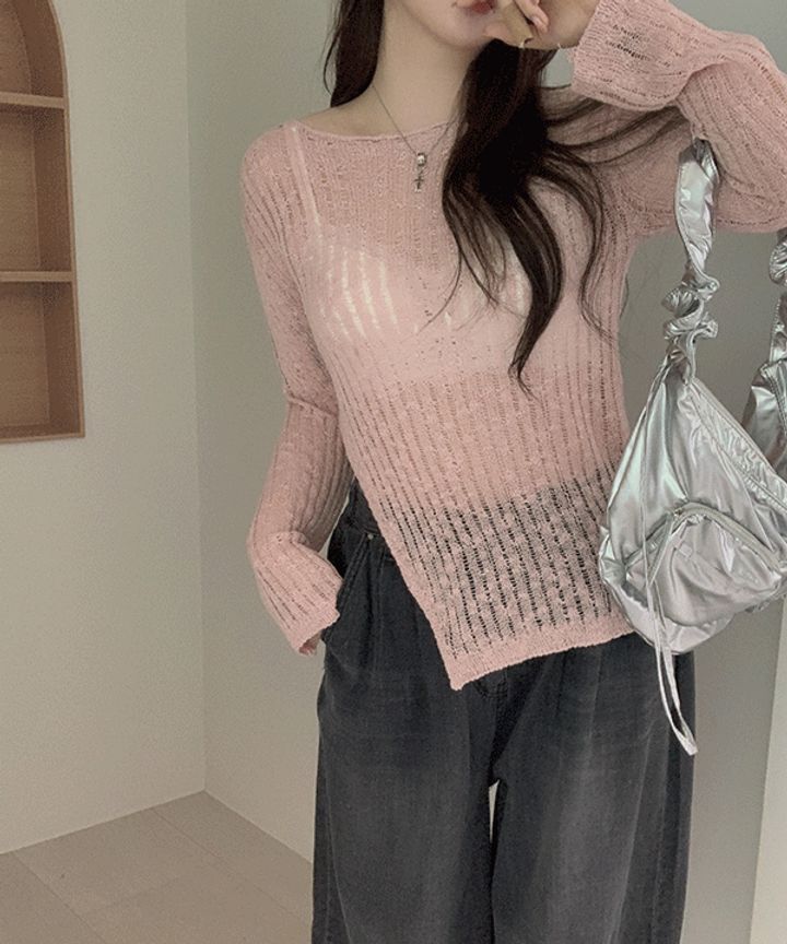 하비언니 12156 모델소장 여리여리 썸머 보트넥 트임 시스루 긴팔 니트t 4color