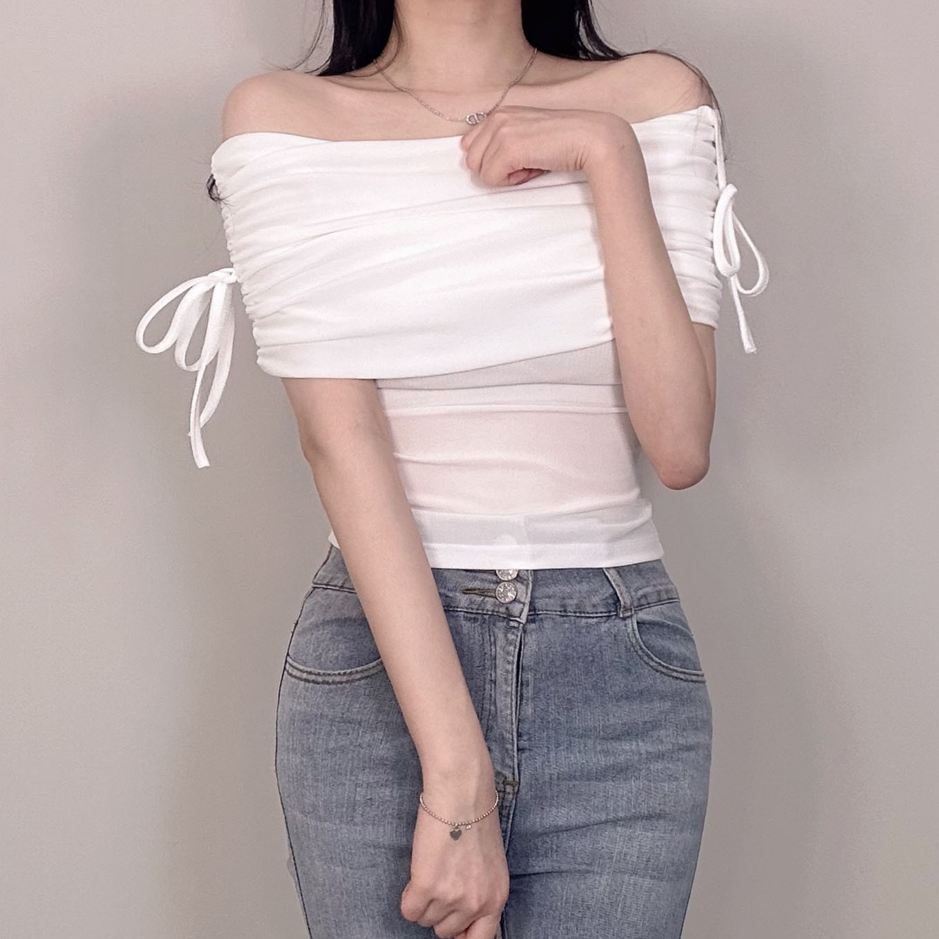 원트 무료배송 로맨틱3col 오프숄더 리본 슬림 크롭 Crop 민소매 나시 반팔 티셔츠 발레코어 여성스러운 꾸안꾸 캐주얼 데일리 러블리 페미닌 3colors