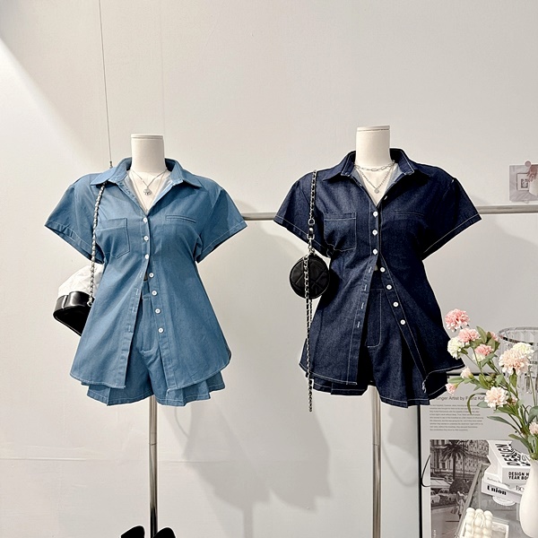 이프유마인 셔츠반바지set하이틴 여름 플래쉬 Y2k 스티치 데님 청 투웨이 오버핏 슬림핏 사이드 스냅 버튼 반팔 롱 셔츠 블라우스 핀턱 하이웨스트 와이드 반바지