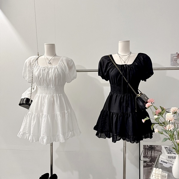 이프유마인 페미닌바캉스룩 가을 꼬모 리본 스트랩 쉬폰 시스루 투웨이 스퀘어넥 오프숄더 밴딩 스모크 벌룬 퍼프 A라인 플레어 셔링 프릴 캉캉 반팔 미니 원피스