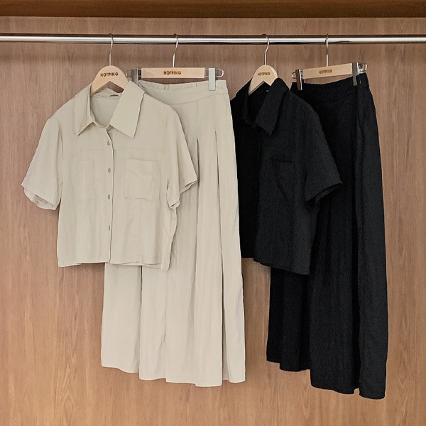 핫핑 Set Made 리엘로 와샤 크롭반팔셔츠 Made 리엘로 플리츠 롱스커트투피스셋업 와샤셋업 하객룩 데이트룩 격식룩 세트 치마세트 셔츠세트