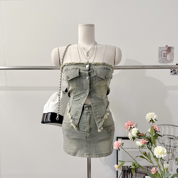이프유마인 탑스커트set하이틴 여름 디스트로이 Y2k 빈티지 워싱 데미지 찢청 구제 데님 청 포켓 버튼 오프숄더 튜브탑 크롭 나시 핀턱 하이웨스트 H라인 미니