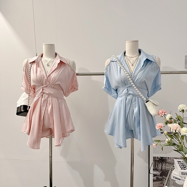 이프유마인 당일발송 셔츠반바지set페미닌 여름 오벨 진주 어깨 트임 투웨이 쉬폰 실키 새틴 벨트 스트랩 벌룬 퍼프 반팔 셔츠 카라 블라우스 밴딩 와이드 반바지