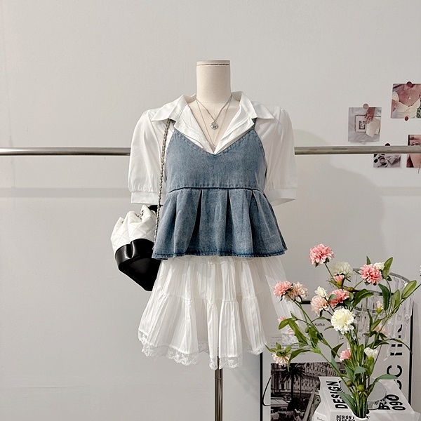 이프유마인 셔츠뷔스티에set페미닌 여름 플레 셔링 프릴 데님 청 튜브탑 브이넥 크롭 뷔스티에 나시 오버핏 슬림핏 카라 벌룬 퍼프 크롭 반팔 셔츠 블라우스 투피스 세트