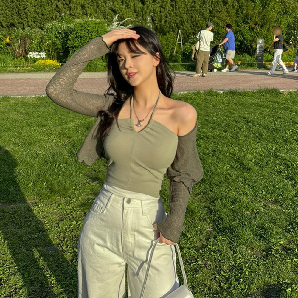 워너비뮤즈 무배🚀[워터밤💚set가격!] 시스루 원버튼 크롭 물결 가디건 + 홀터넥 셔링 나시 세트 셋업 투피스 레이어드 민소매 슬리브리스 Y2K 빈티지 4COL