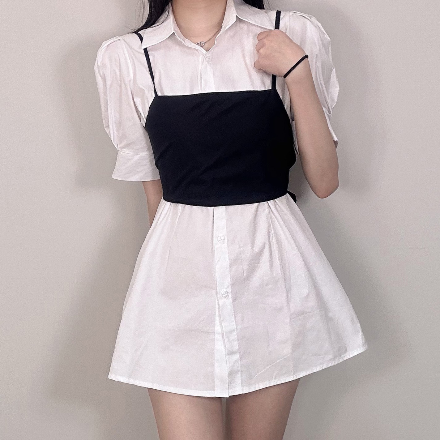 원트 [뷔스티에+원피스SET/3col] 어깨 퍼프 카라 셔츠 반팔 미니 원피스 리본 뷔스티에 투피스 세트 페미닌 유니크 청순 여성스러운 데이트룩 (3colors)