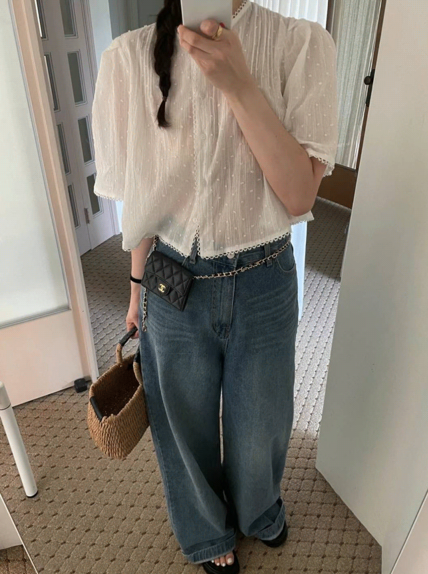 샵보애 basket 바스켓 베리 크롭 블라우스 펀칭 레이스 시스루 반팔 블라우스 bl (3col)