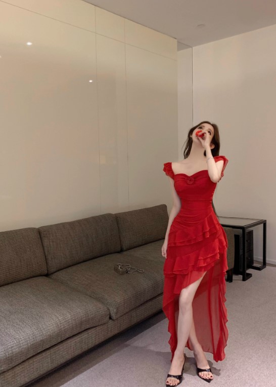 헤이로그 레드 로즈 스퀘어넥 민소매 나시 오프숄더 레이스 쉬폰 프릴 셔링 미니 짧은 여리핏 슬림 언발 유니크 이벤트룩 파티룩 촬영 드레스 로맨틱 롱 원피스