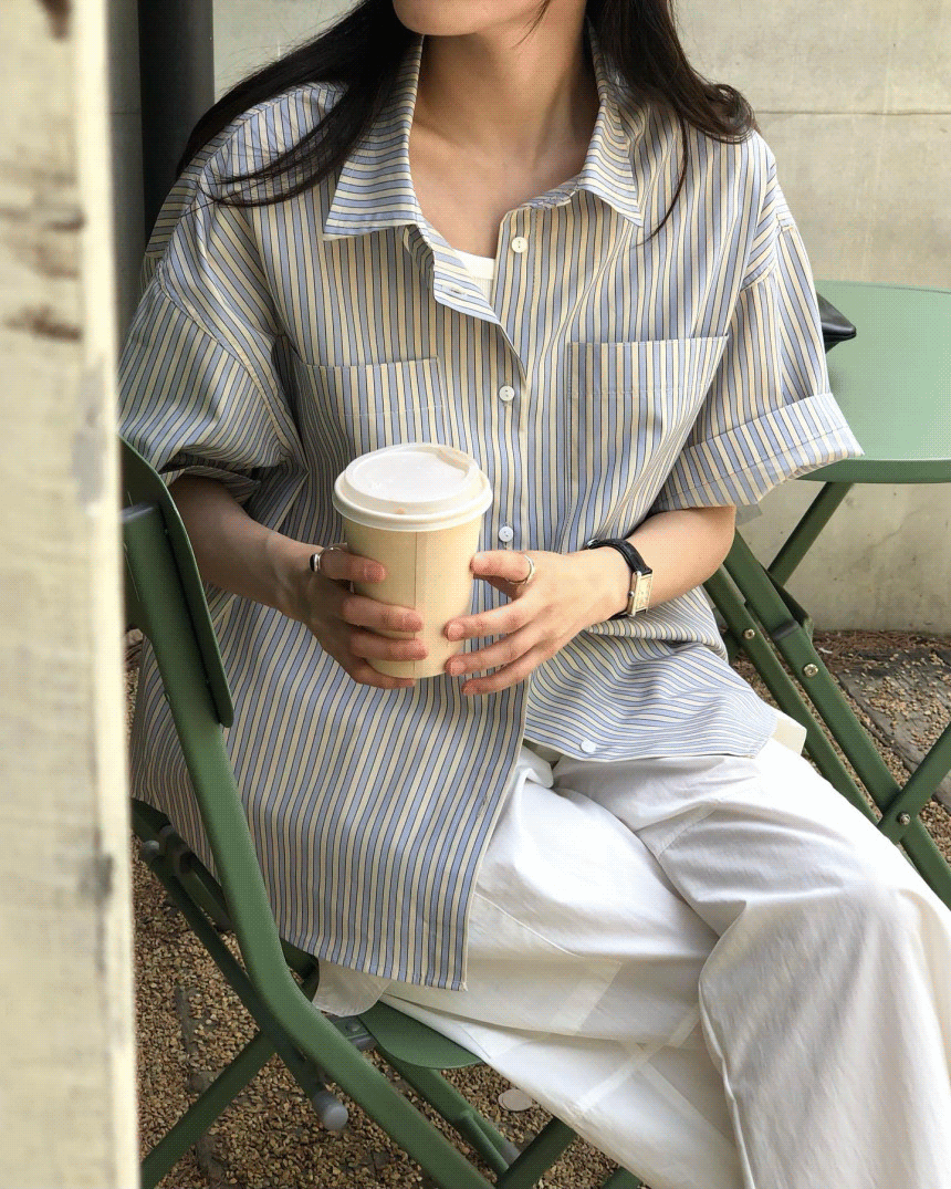 샵보애 디엠버 베이글 포켓 남방 스트라이프 반팔 셔츠 sh (2col)