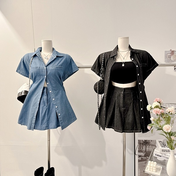 이프유마인 셔츠반바지set하이틴 여름 프렌치 Y2k 스티치 데님 청 투웨이 오버핏 슬림핏 사이드 스냅 버튼 반팔 롱 셔츠 블라우스 핀턱 하이웨스트 와이드 반바지