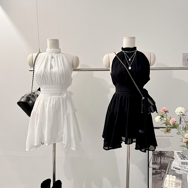 이프유마인 페미닌바캉스룩 여름 로라 쉬폰 시스루 홀터넥 벨트 허리끈 스트랩 셔링 프릴 언발 A라인 플레어 주름 플리츠 슬립 뷔스티에 나시 미니 원피스 롱블라우스