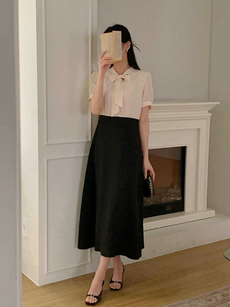 리리앤코 랑데브린 쉬폰 배색 리본 롱 원피스 봄 여름 신상 데일리룩 데이트룩 격식룩 하객룩 롱원피스 배색원피스 리본원피스 셔링원피스 퍼프원피스 빅사이즈 추천 교복템