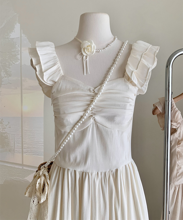 포앤바이앤 샤랄라 청순 롱원피스 하트넥 프릴 나시 민소매 셔링 하이웨스트 스모크 밴딩 주름 A라인 단색 드레스 러블리 로맨틱 신혼 유럽 여행룩 나들이룩 휴가룩 공주 여신