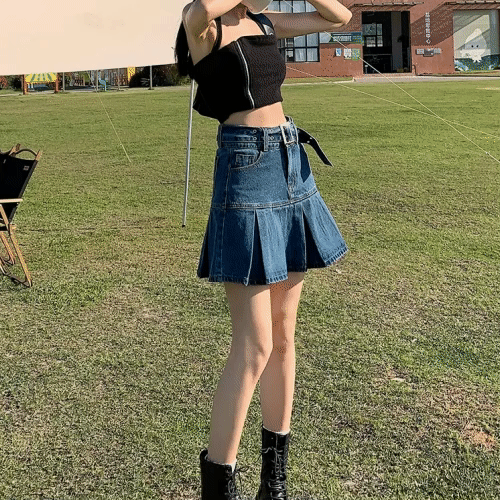 레드베리 [청치마코디 여름코디 여름신상] 데님 스커트 블루 중청 생지데님 흑청 허리벨트 A라인 플리츠 숏 스커트 청치마 하의