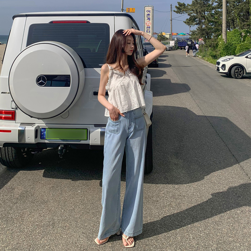 워너비뮤즈 무배🚀 후들후들💨쿨링소재 기획 앞포켓 연청 썸머 데님 팬츠 하이웨스트 일자 와이드 바지 여름 청바지 화이트 면바지 린넨 바캉스룩 개강룩 새내기룩 봄 휴양지룩
