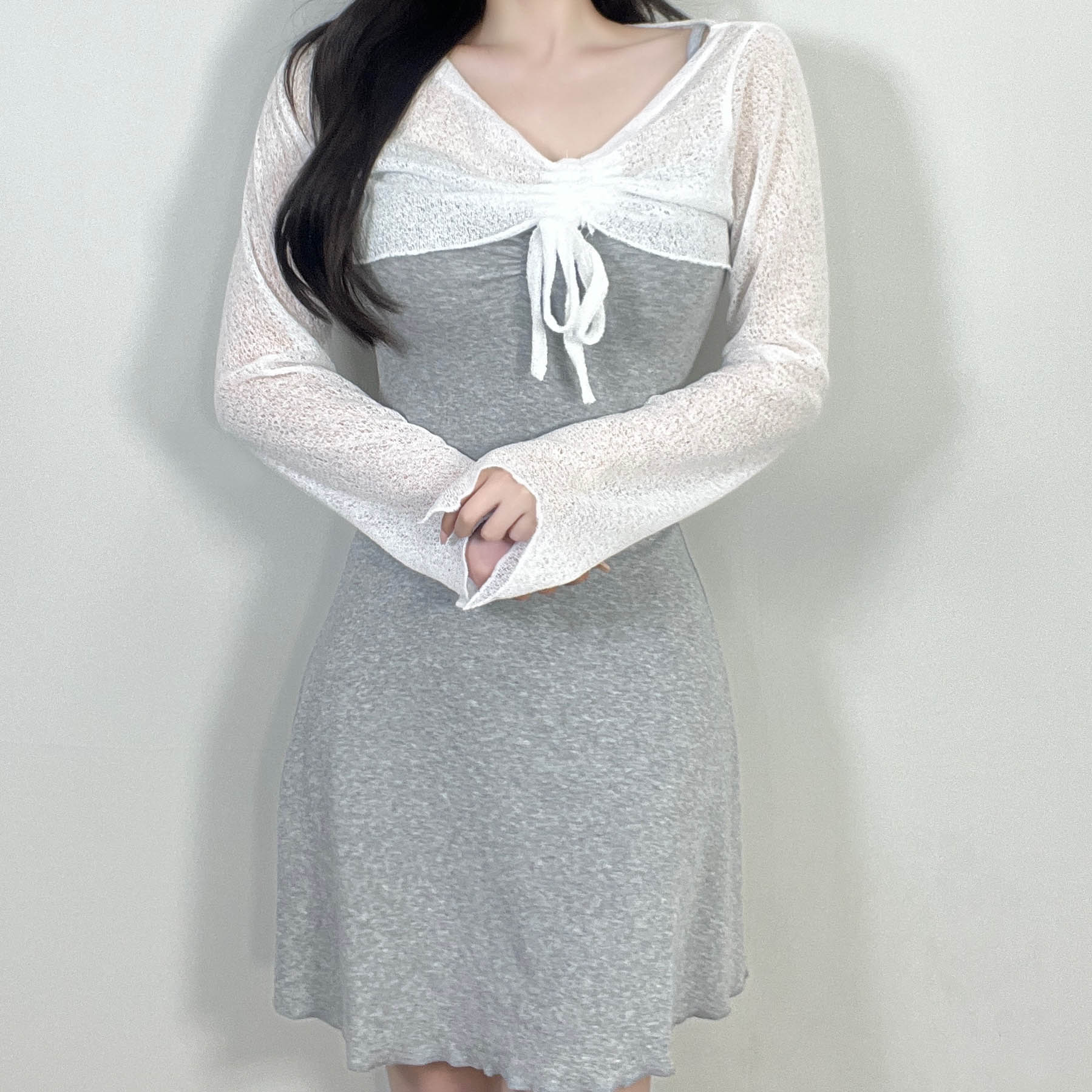 원트 [무료배송 ][니트+원피스SET/3col] 부클 소매 트임 셔링 크롭 CROP 니트 하트넥 셔링 나시 미니 원피스 투피스 세트 페미닌 유니크 꾸안꾸 마실룩 (3colors)