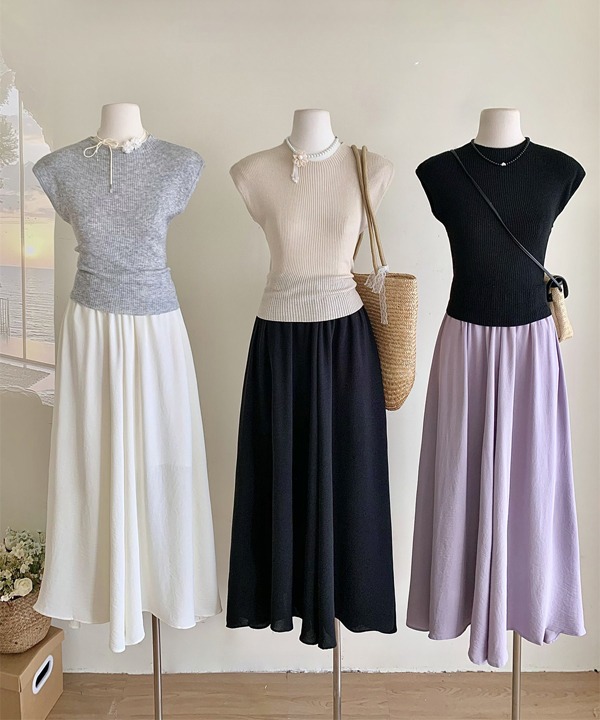 포앤바이앤 반팔 니트탑 치마 바지 투피스 라운드넥 골지 돌먼소매 단색 슬림핏 스트링 여름니트 And 밴딩허리 와이트 플레어 스커트 팬츠 세트 셋업 입기편한 데일리룩