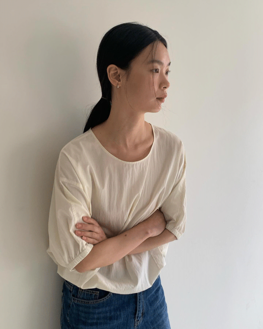 샵보애 jinsim 진심 어스 블라우스 썸머 라운드 코튼 반팔 5부 스트링 bl (3col)