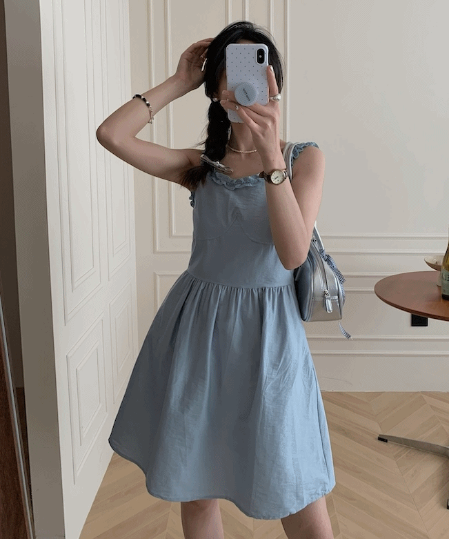 모어라벨 [귀여워!] 레이스 프릴 넥라인 A라인 미니 원피스 3col