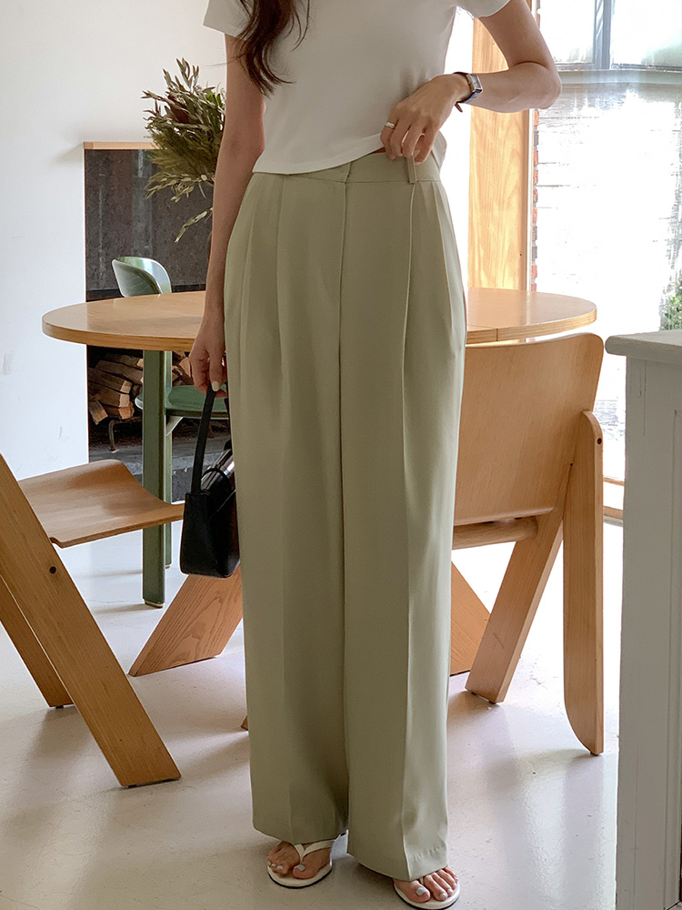 에이마 뮤트 썸머 핀턱 와이드 롱 슬랙스 3color S M 하이웨스트 정장 통바지 구김없는 스판 세미 여성 일자 다리가길어보이는 여름정장바지 롱기장 롱와이드슬랙스