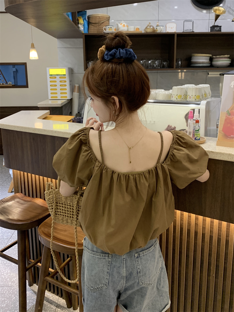 헤이로그 뷔스티에 얇은 끈 오프숄더 반팔 반소매 봄 여름 퍼프슬리브 어깨 퍼프 루즈핏 오버핏 미니 숏 썸머 여행 휴가 휴양지