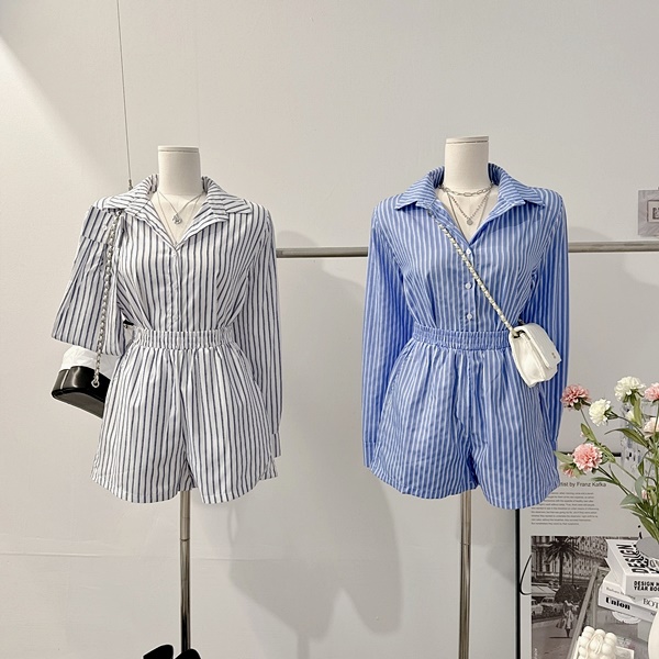이프유마인 셔츠반바지set페미닌 가을 뱅스 단가라 스트라이프 오버핏 슬림핏 버튼 포켓 카라 긴팔 롱 셔츠 블라우스 남방 밴딩 와이드 반바지 숏팬츠 투피스 세트