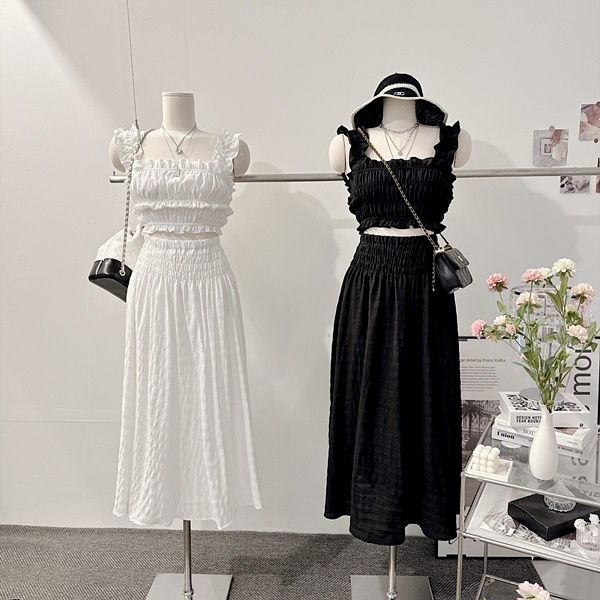 이프유마인 나시스커트set페미닌 여름 샤론 셔링 프릴 스퀘어넥 튜브탑 밴딩 스모크 크롭 나시 블라우스 밴딩 A라인 플레어 캉캉 머메이드 롱 스커트 투피스 세트