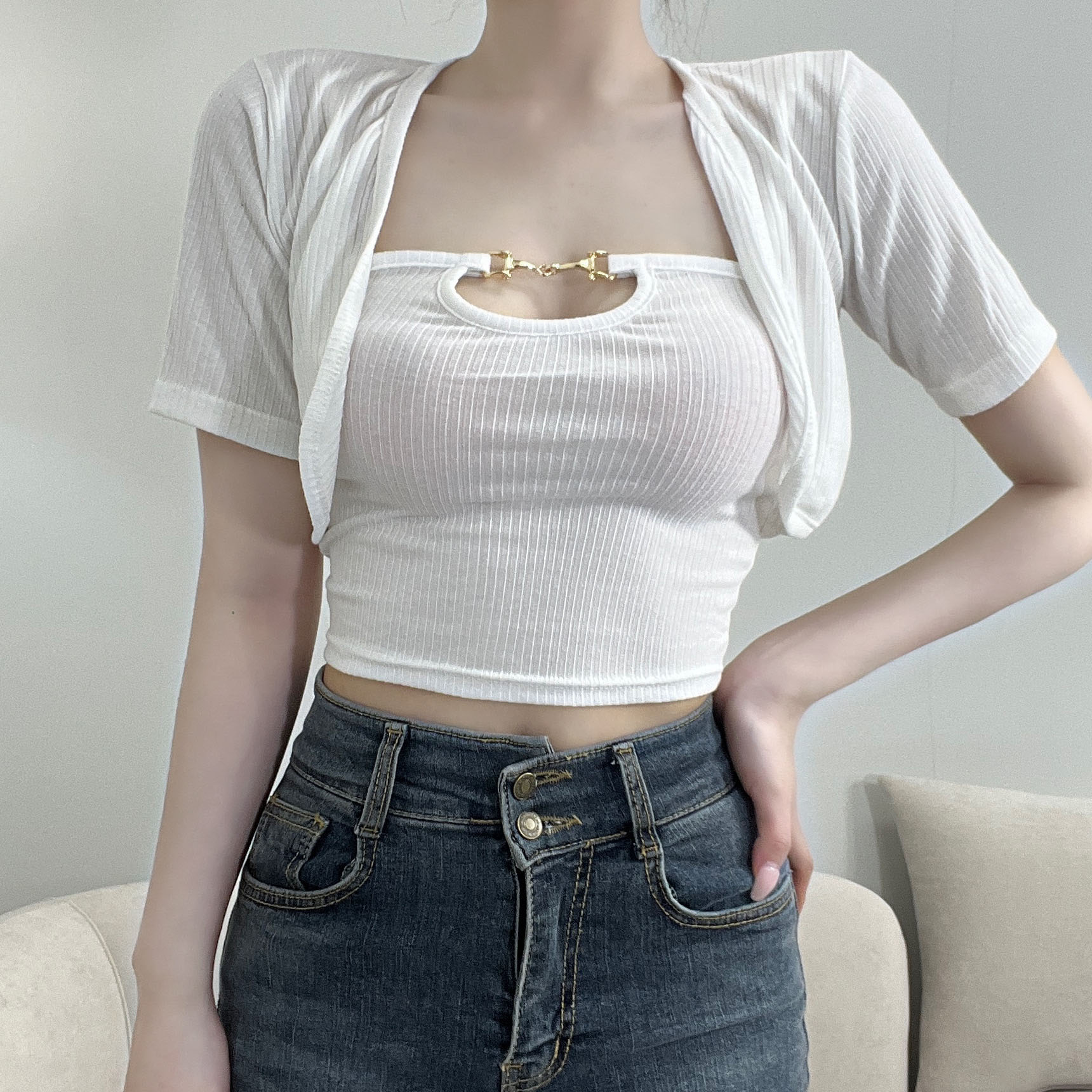 원트 [무료배송 ][나시+볼레로SET/3col] 금장 체인 골지 크롭 CROP 착붙핏 나시 반팔 볼레로 투피스 세트 꾸안꾸 유니크 트렌디 스트릿 꾸안꾸 데일리 (3colors)