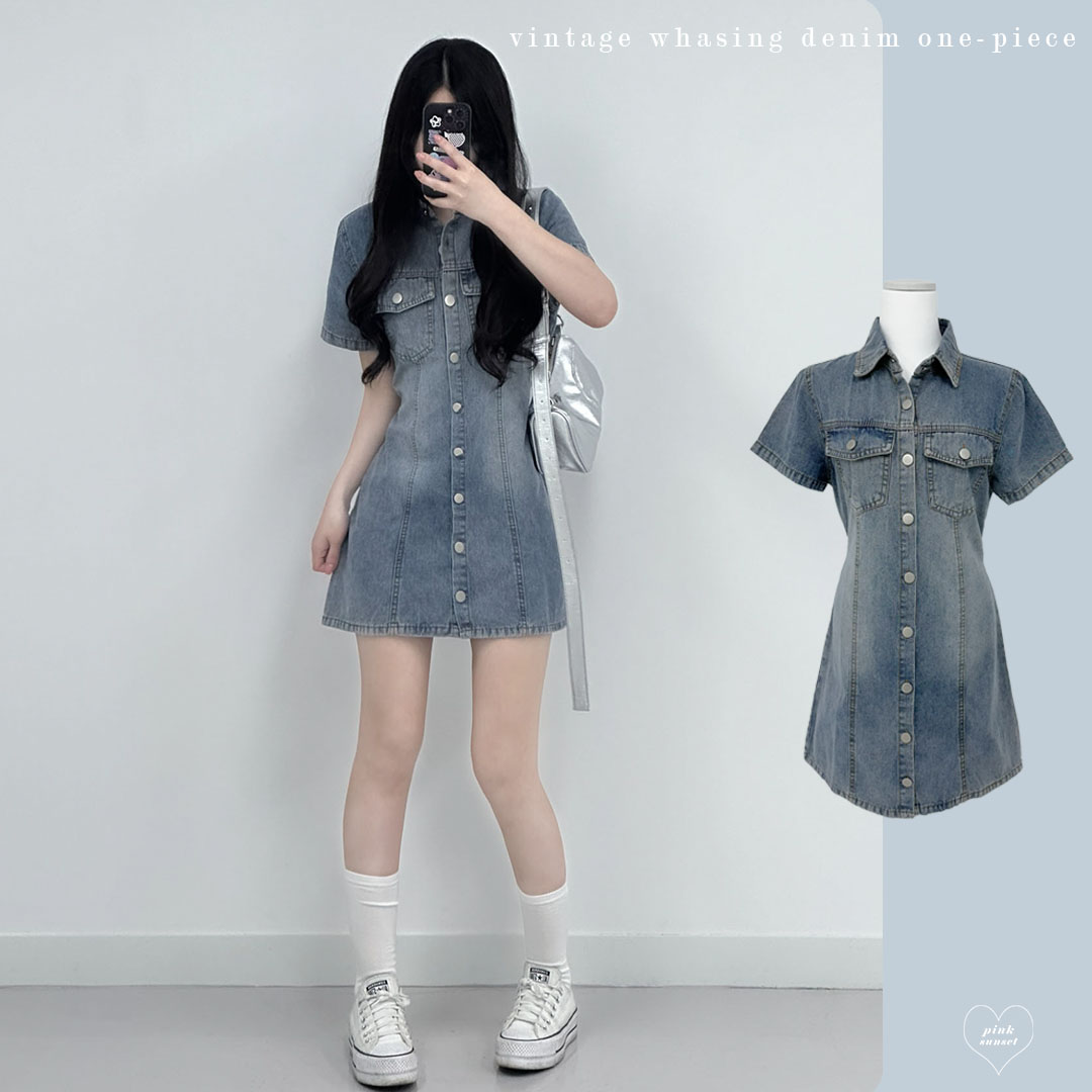 핑크선셋 기장 선택🖤 빈티지 워싱 데님 원피스 숏롱 여름 반팔 셔츠 카라 생지 연청 청 남방 셔츠 미니 스커트 키작녀 키큰녀 Y2k 키치 힙 2 Col
