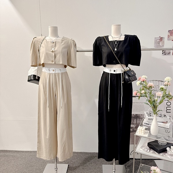 이프유마인 자켓팬츠set페미닌 여름 한나 린넨 오버핏 스퀘어넥 벌룬 퍼프 반팔 크롭 숏 자켓 배색 스트링 밴딩 하이웨스트 핀턱 와이드 슬랙스 팬츠 투피스 세트