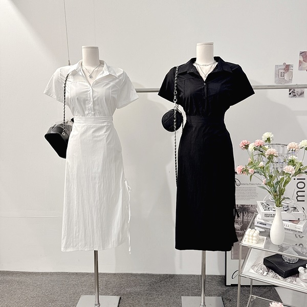 이프유마인 셔츠스커트set페미닌 여름 위드 와샤 바스락 아노락 바람막이 카라 크롭 반팔 셔츠 리본 스트랩 옆트임 밴딩 A라인 플레어 머메이드 롱 스커트 투피스