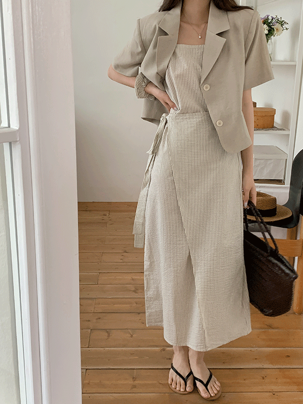 로빈유 [스크런치set] 보넷 시어서커 스트라이프 나시 랩 롱 원피스 - ops(2color)