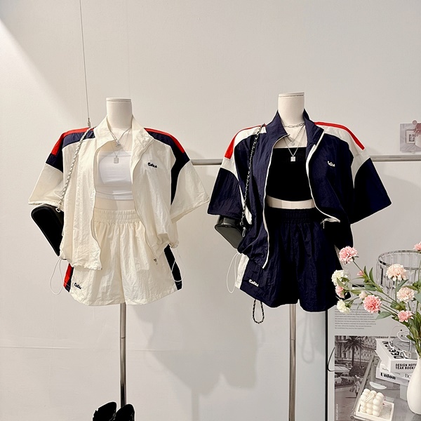 이프유마인 당일발송 세트가격꾸안꾸룩 여름 쌔린 레터링 오버핏 배색 스트링 아노락 바람막이 집업 반팔 크롭 숏 자켓 점퍼 밴딩 와이드 반바지 숏팬츠 투피스